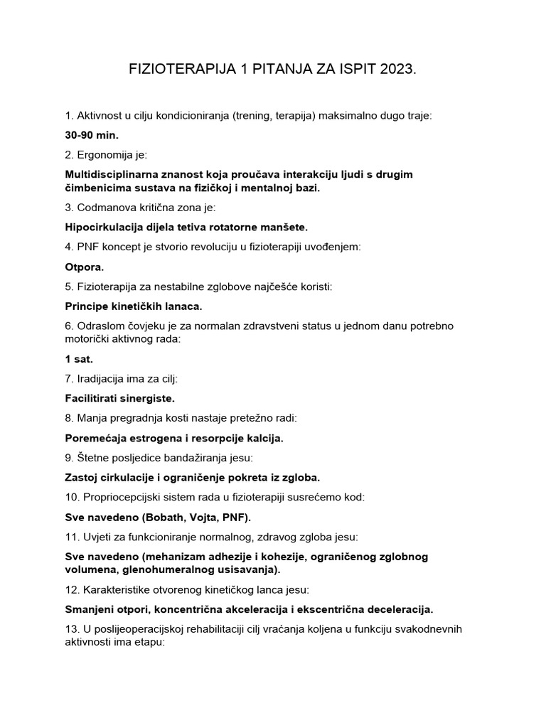 Fizioterapija 1 Pitanja Za Ispit 2023 | PDF