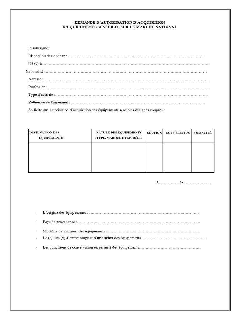 Demande Et La Notice D'autorisation D'acquisition D'équipements ...