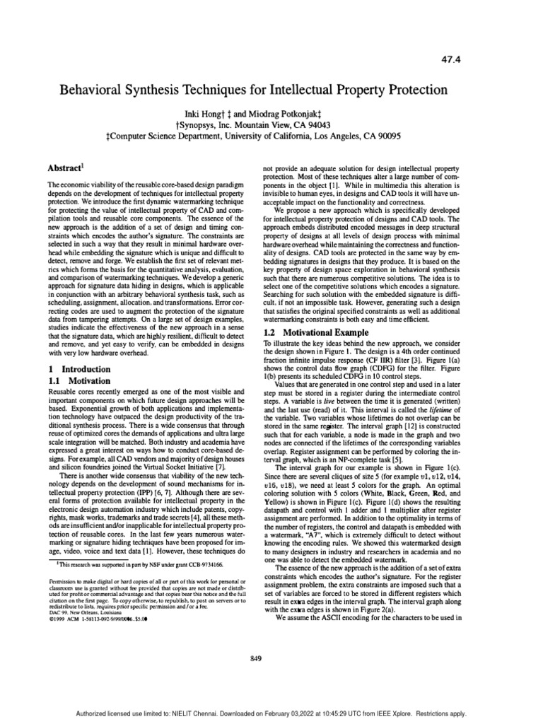 Behavioral Synthesis Techniques For Intellectual Property Protection | PDF