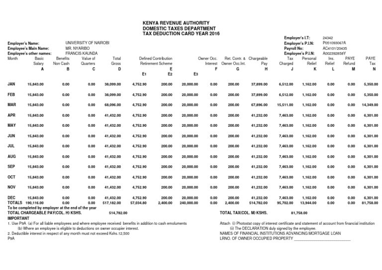 Kenya Revenue Authority Domestic Taxes Department Tax Deduction Card ...
