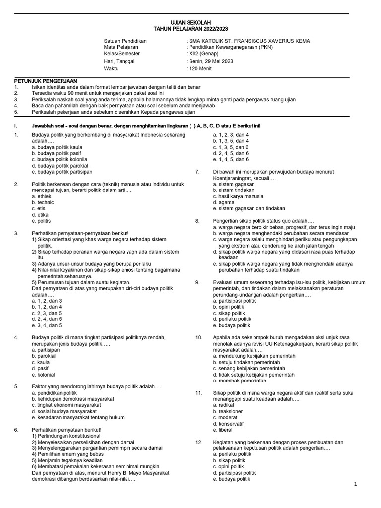 Soal Ujian Semester Genap PKN Kelas XI 2023 | PDF