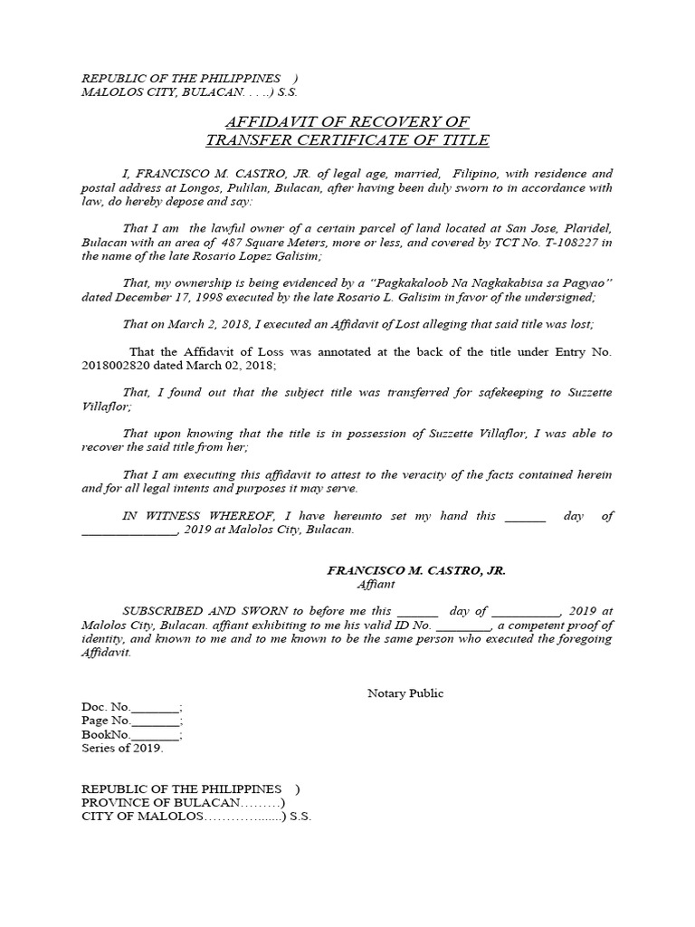 Affidavit of Recovery | PDF