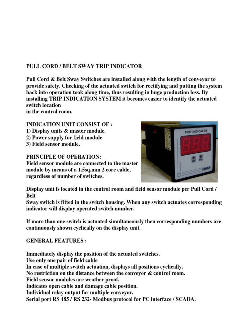 Pull Cord Belt Sway Trip Indicator | PDF