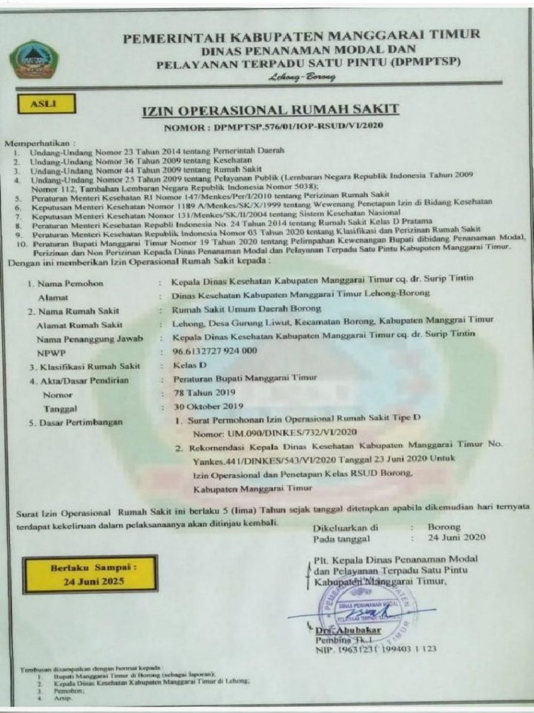 Surat Ijin Operasional RSUD Borong | PDF