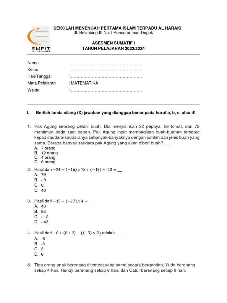 Soal Asesmen 1 (MATEMATIKA) Level 7 | PDF