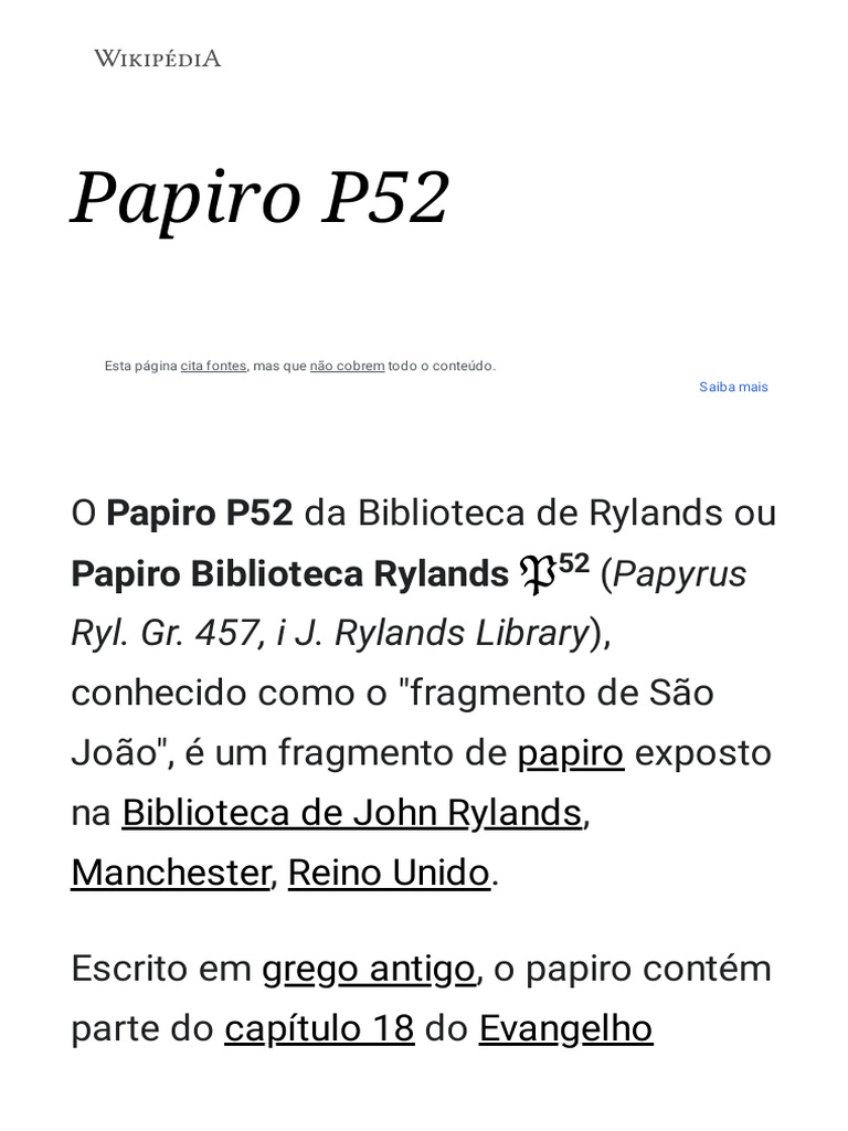 Papiro P52 - Wikipédia, A Enciclopédia Livre | PDF