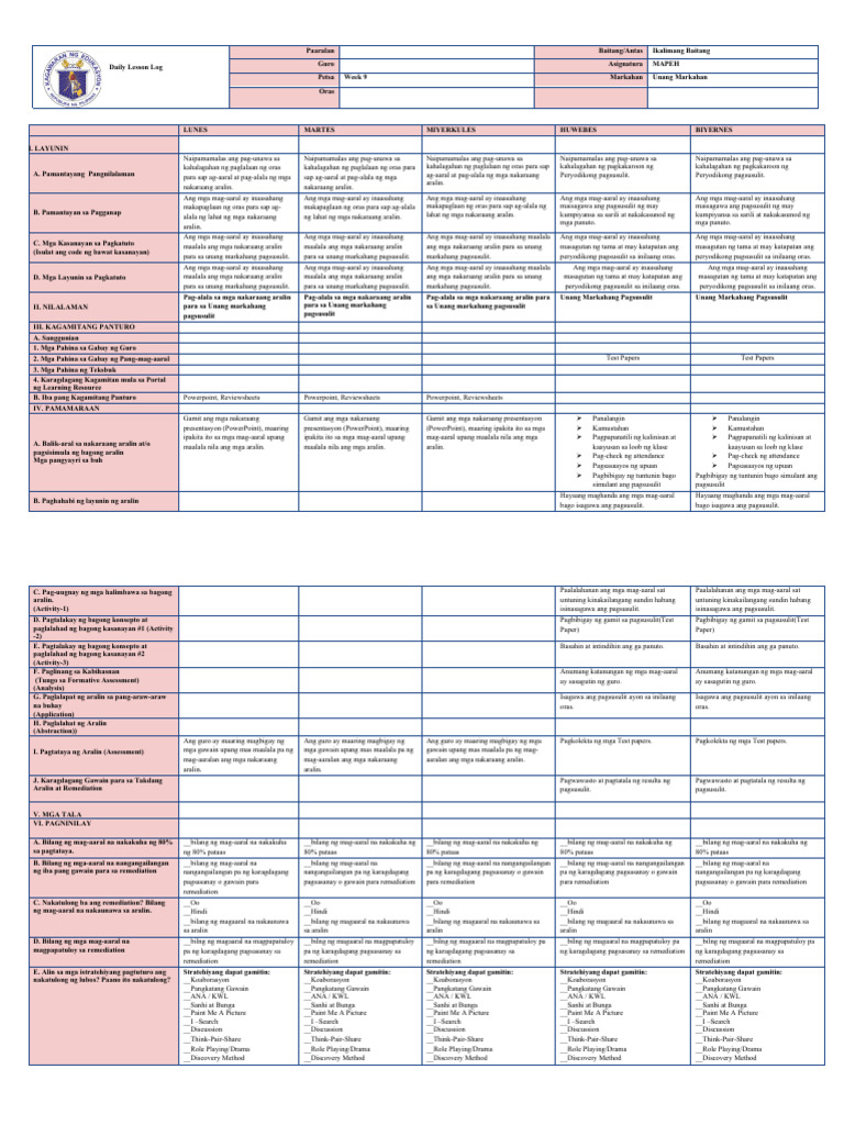 DLL Week 9 Mapeh | PDF