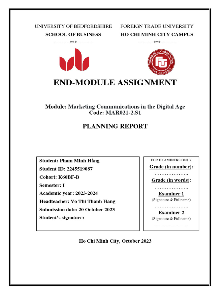 Pham Minh Hang - 2245519087 - K60BFB - MARCOM | PDF | Marketing | Brand