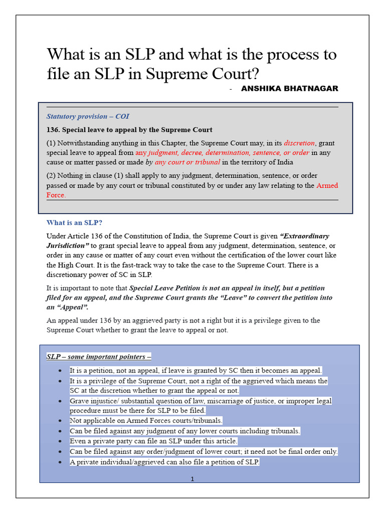 What Is An SLP and What Is The Process To File An SLP in Supreme Court | PDF