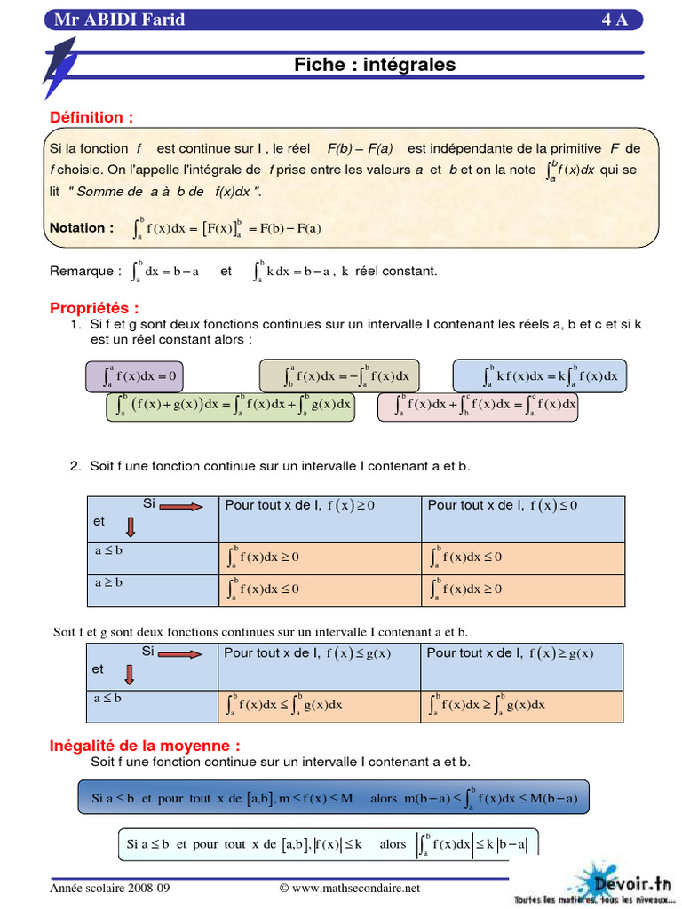 Intégrale (MR Farid Abidi) (Lycée Ibn Khaldoun Rades) | PDF