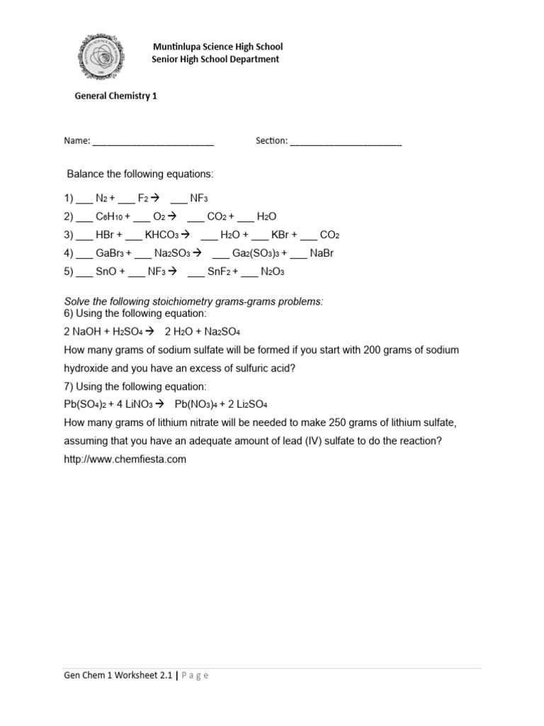 Worksheet On Balancing Equations 2 and Stoichiometry | PDF