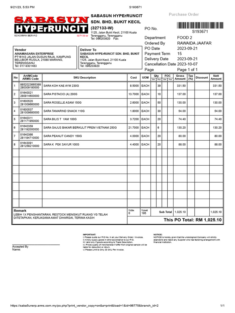 Sabasun Hyperruncit Sdn. BHD, Bukit Kecil (327133-W) : Vendor Deliver ...