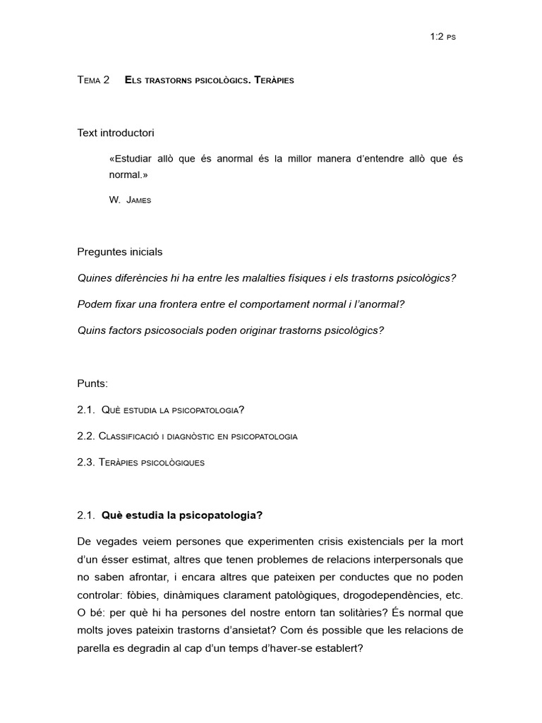 Tema 2 Els Trastorns Psicològics. Teràpies | PDF