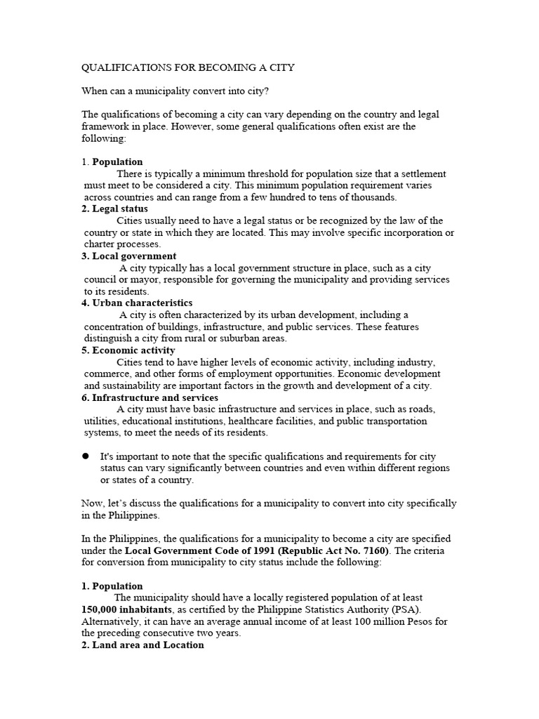 Qualifications For Becoming A City | PDF