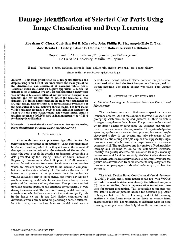 Damage Identification of Selected Car Parts Using Image Classification and Deep Learning | PDF ...