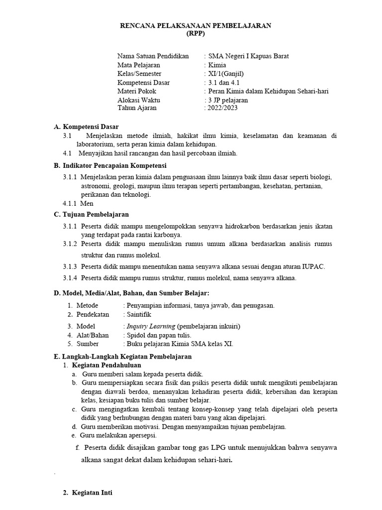 RPP Struktur Dan Tata Nama Senyawa Alkana | PDF