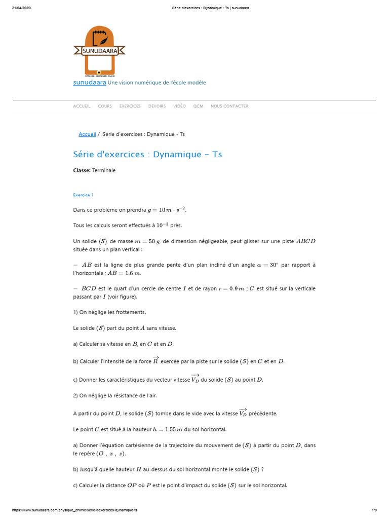 Serie Dexercices Dynamique - Ts Sunudaara | PDF