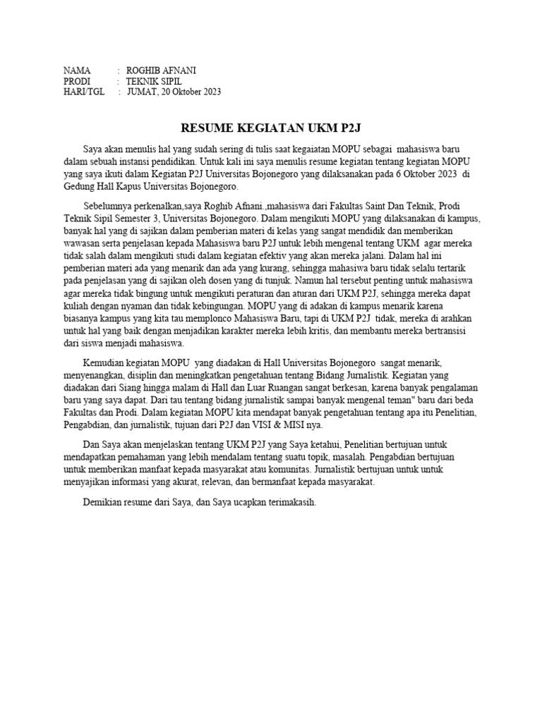 Resume Kegiatan Ukm p2j Punya Roghib | PDF