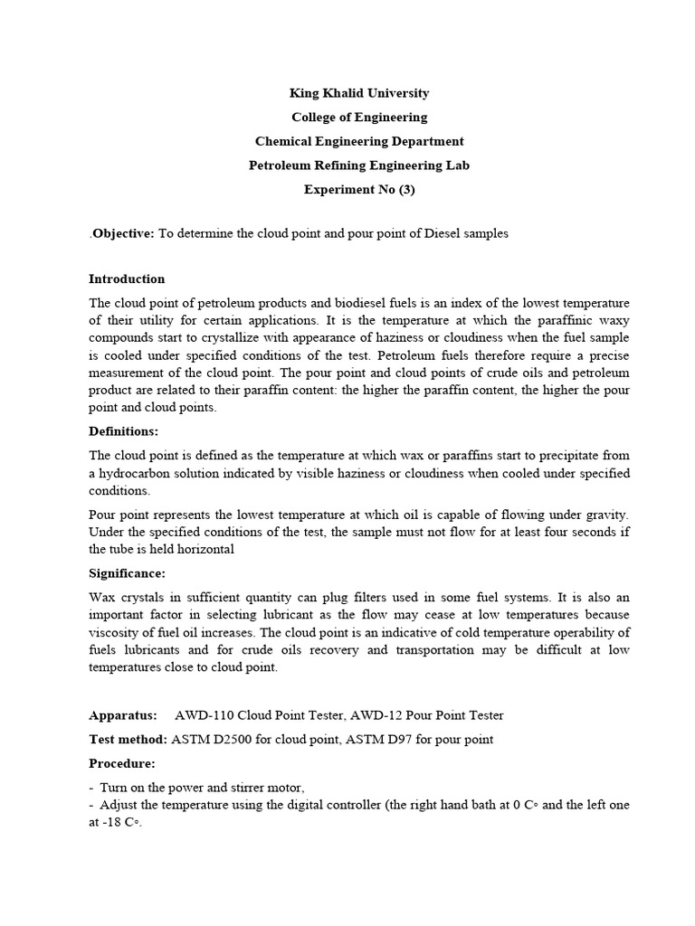 Experiment 3-Cloud Point & Pour Point | PDF | Petroleum | Diesel Fuel