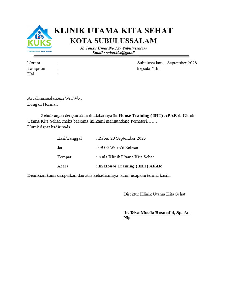 Undangan In House Training APAR Klinik Sehat | PDF