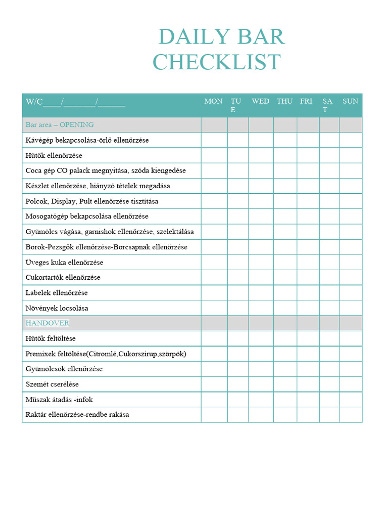 Daily Bar Checklist | PDF