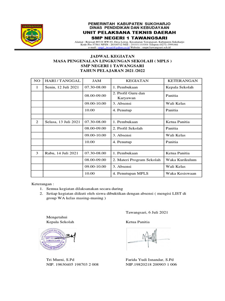 Jadwal Kegiatan MPLS | PDF