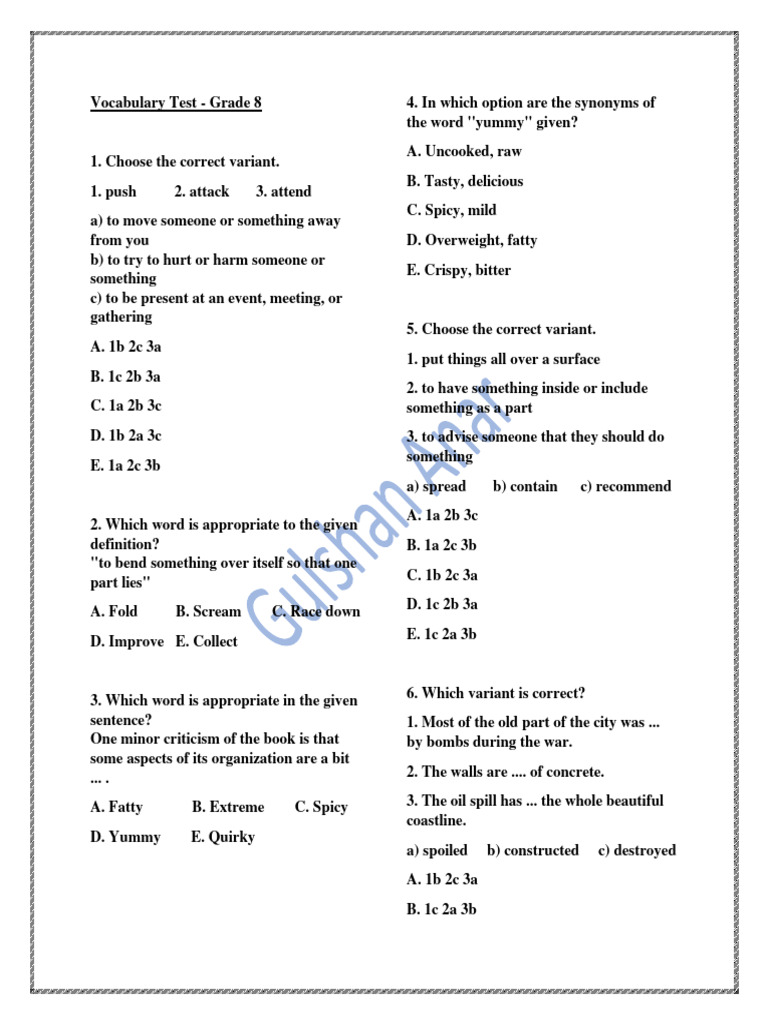 Vocabulary Test - Grade 8 | PDF