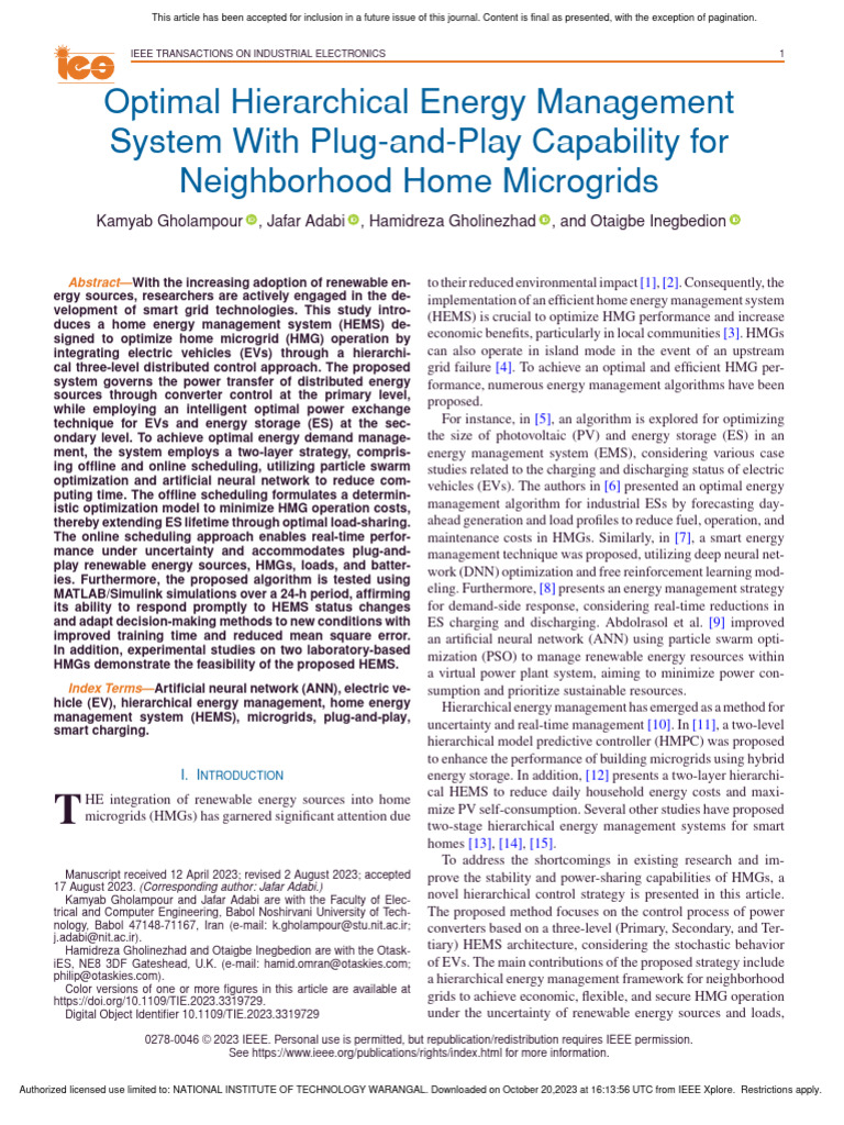 Optimal Hierarchical Energy Management System With Plug And Play Capability For Neighborhood