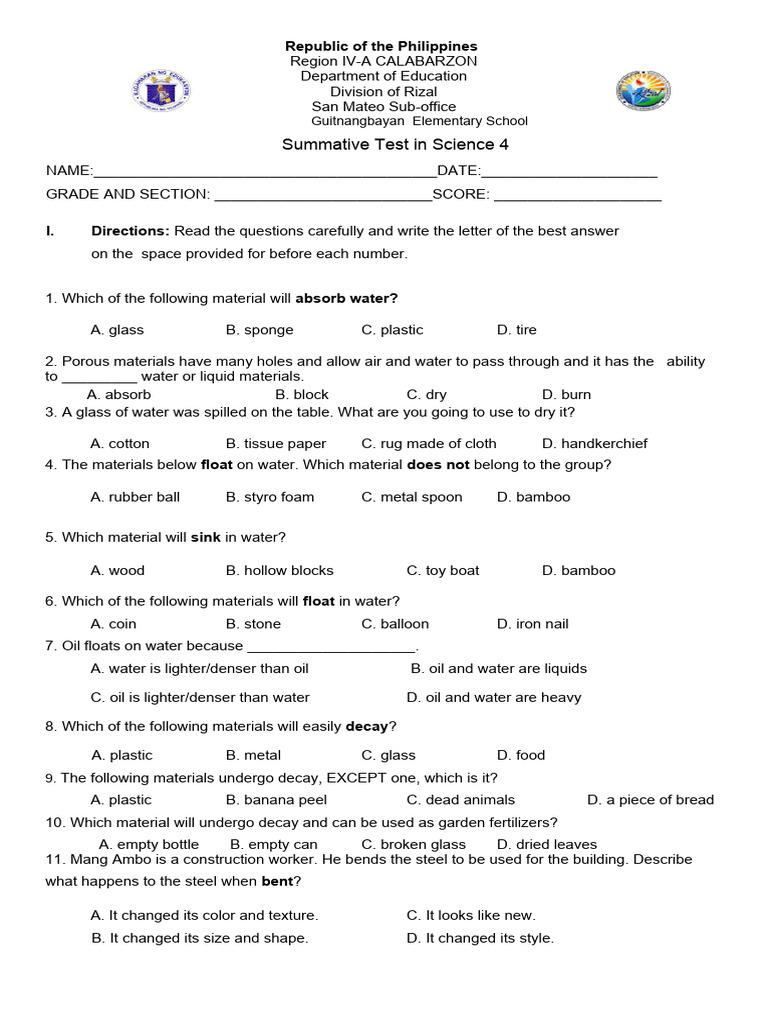 1st Quarterly Test in Science 4 | PDF