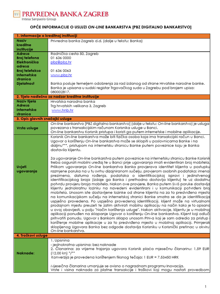 Opce Informacije On-Line Bankarstvo PBZ Digitalno Bankarstvo - 01072023 ...