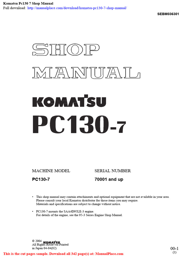 Komatsu pc130 7 Shop Manual Sample | PDF