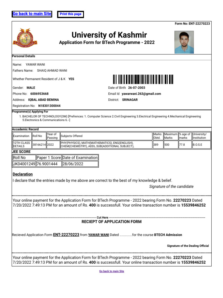 Kashmir University Btech Form | PDF | Science