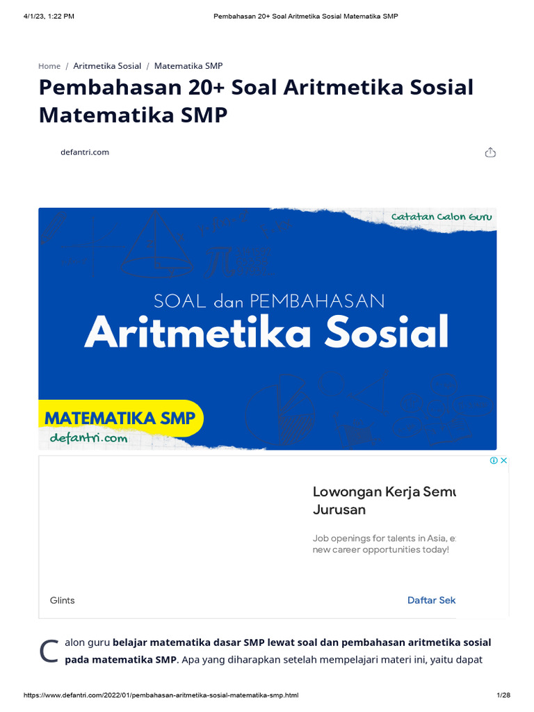 Pembahasan 20+ Soal Aritmetika Sosial Matematika SMP | PDF