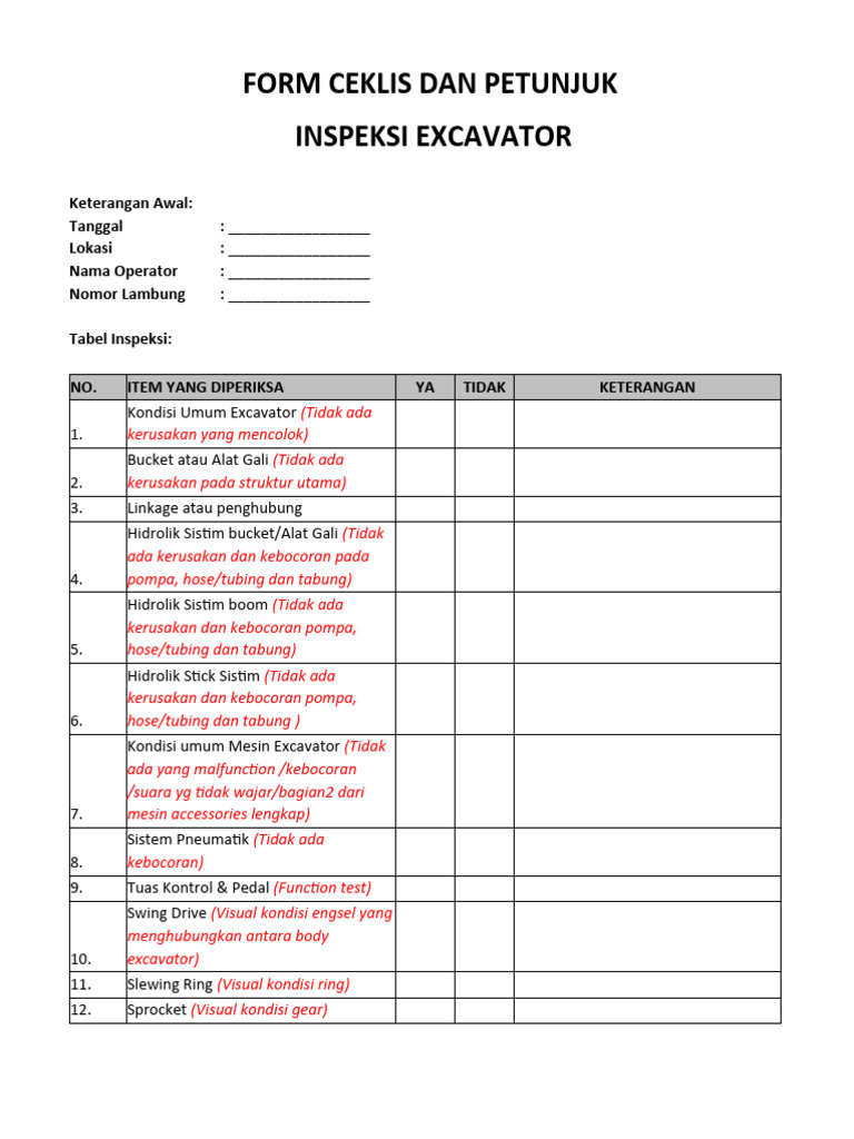 Form Ceklis Inspeksi Excavator | PDF | Komputer | Teknologi & Rekayasa