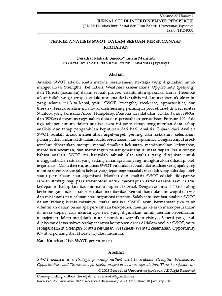 Jurnal TEKNIK ANALISIS SWOT DALAM SEBUAH PERENCANAAN KEGIATAN | PDF | Karier & Perkembangan ...
