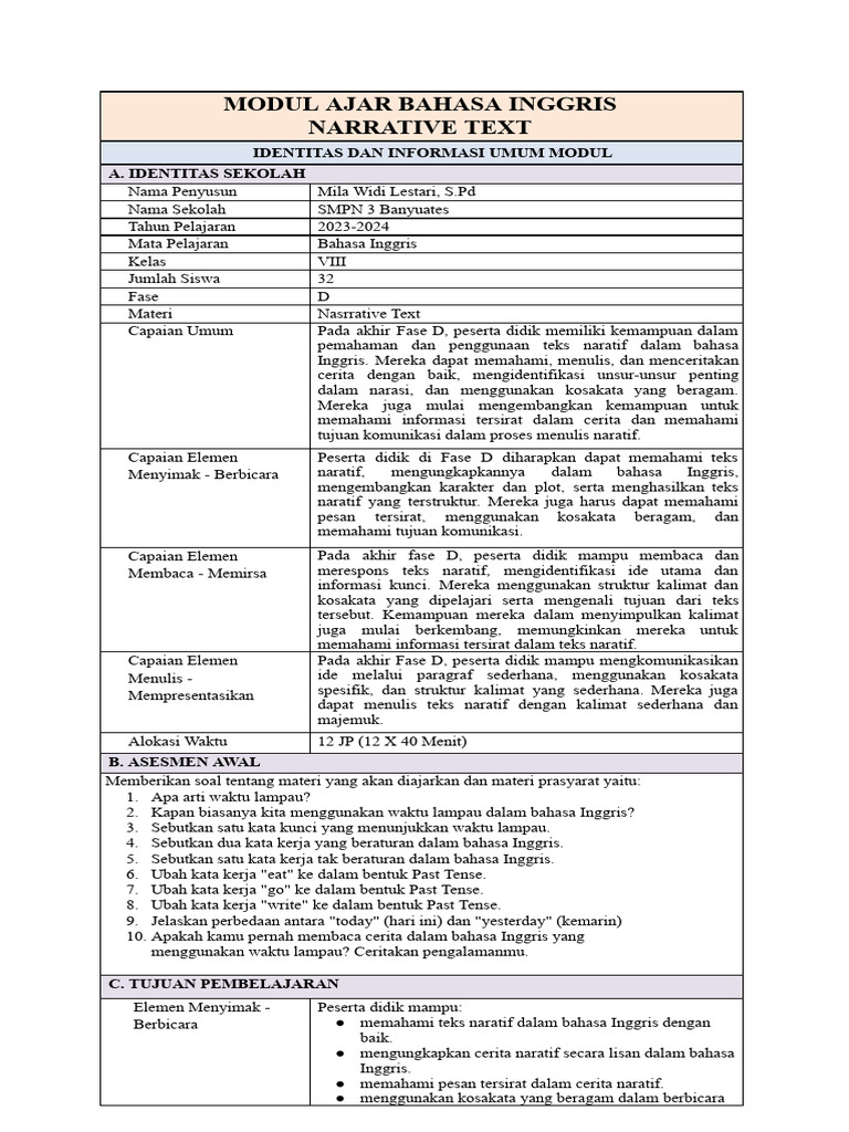 Modul Ajar Bahasa Inggris - MODUL AJAR BAHASA INGGRIS NARRATIVE TEXT (PBL) - Fase D | PDF
