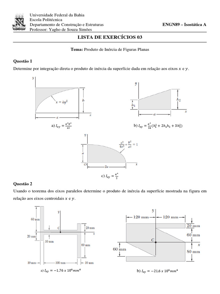 Lista de Exercícios - Produto de Inércia | PDF | Geometria | Mecânica