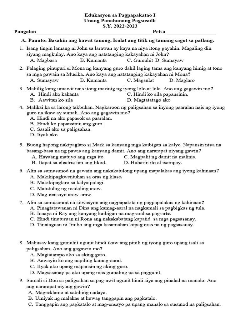 Gr.1 EsP TQ 1st Quarter | PDF