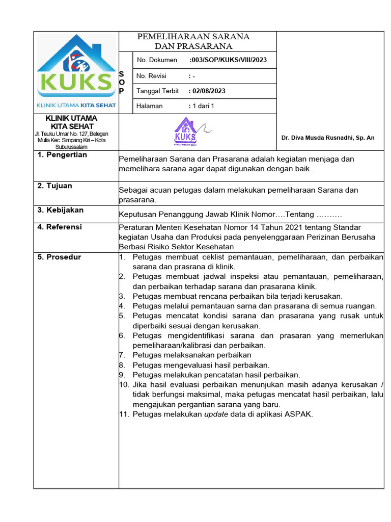 Pemeliharaan Sarana Prasarana Klinik | PDF