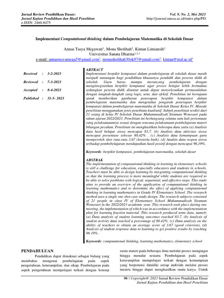 Implementasi Computational Thinking Dalam Pembelajaran Matematika Di
