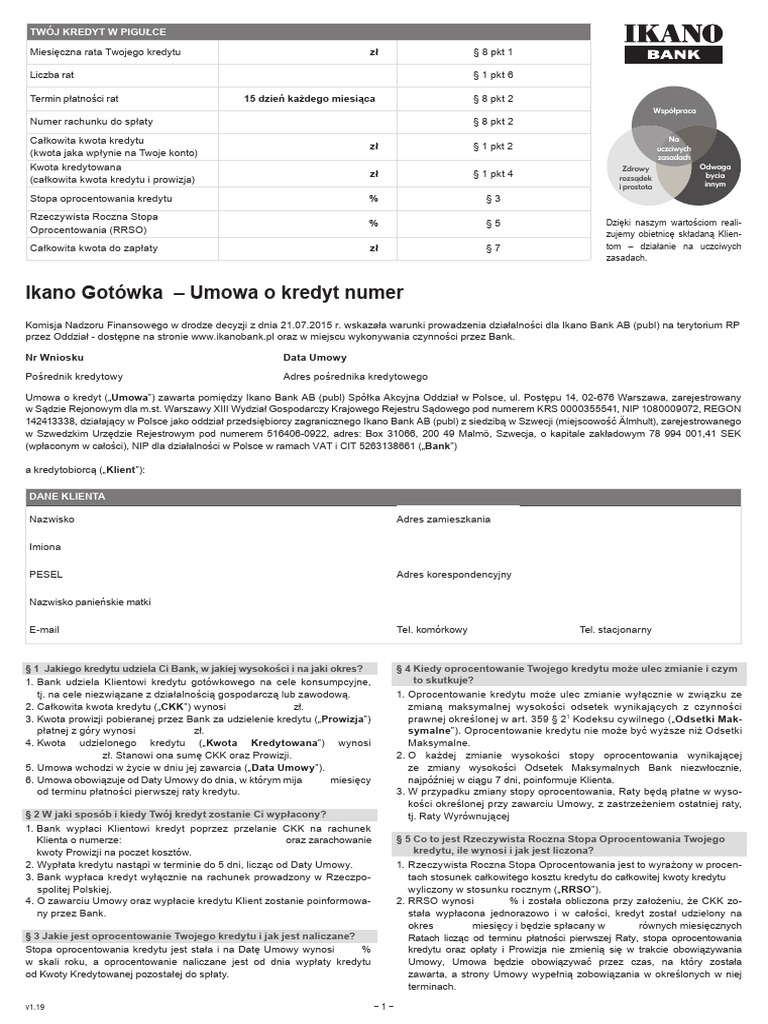 Ikano Gotówka Umowa o Kredyt Numer: Twój Kredyt W Pigułce | PDF