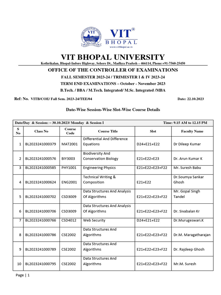 Schedule - Term End Examinations - Fall Semester 2023-24 (2022 Batch & 2020 Int MTech) and ...