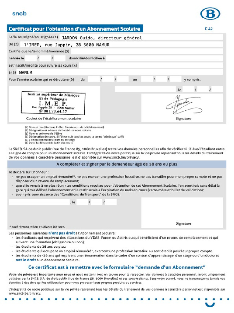 SNCB Certificat Abonnement 20222023 | PDF