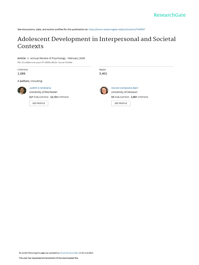 Adolescent Development in Interpersonal and Societ | PDF