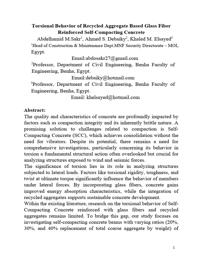 Torsional Behavior Of Recycled Aggregate Based Glass Fiber Reinforced Self Compacting Concrete