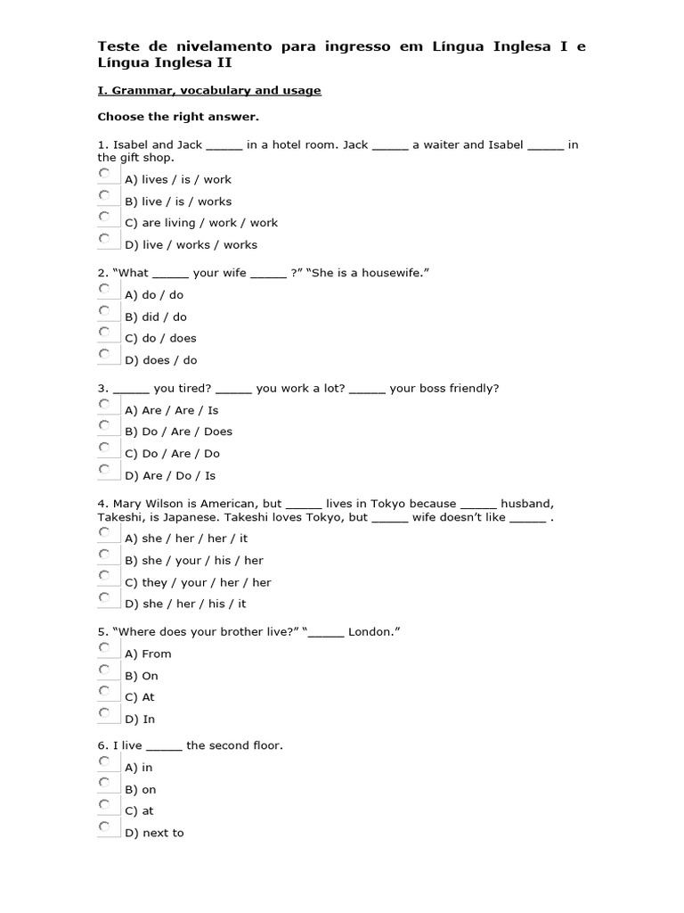 Teste de Nivelamento Ingles Basico | PDF