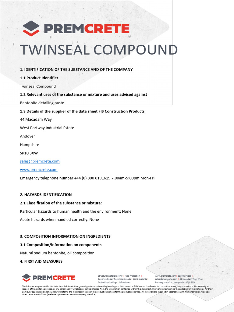 Premcrete Twinseal Compound - MSDS 1 2 | PDF