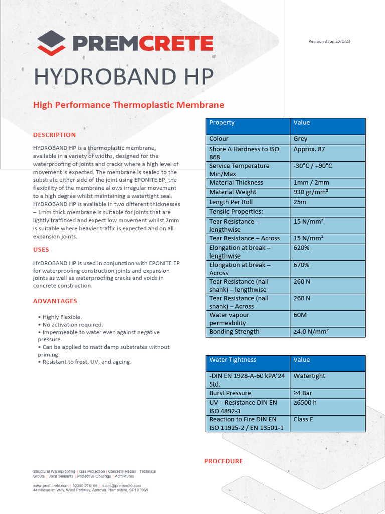 PREMCRETE HYDROBAND HP_TDS | PDF
