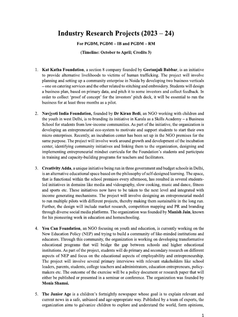 Industry Research Projects PDF | PDF