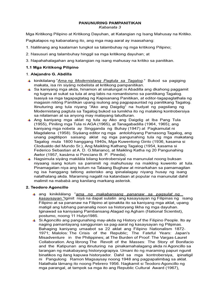 Mga Kritikong Pilipino at Banyaga | PDF Mga Kritikong Pilipino at Banyaga | PDF